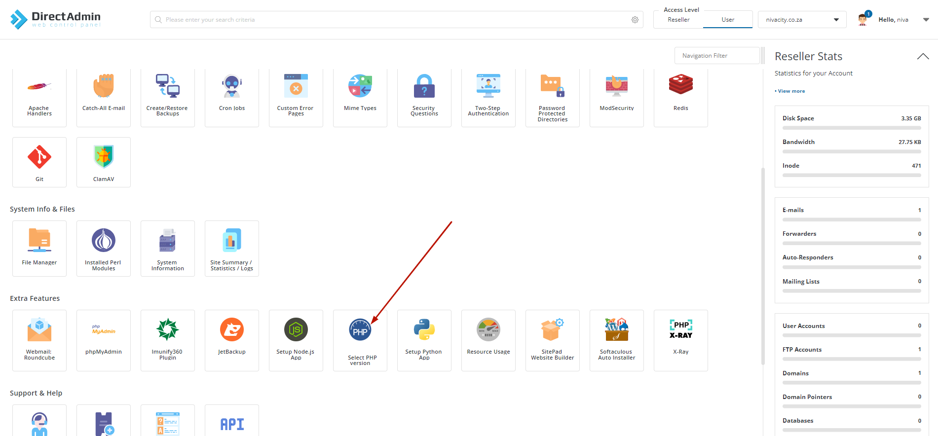 How to use the php selector in Direct Admin - NivaCity