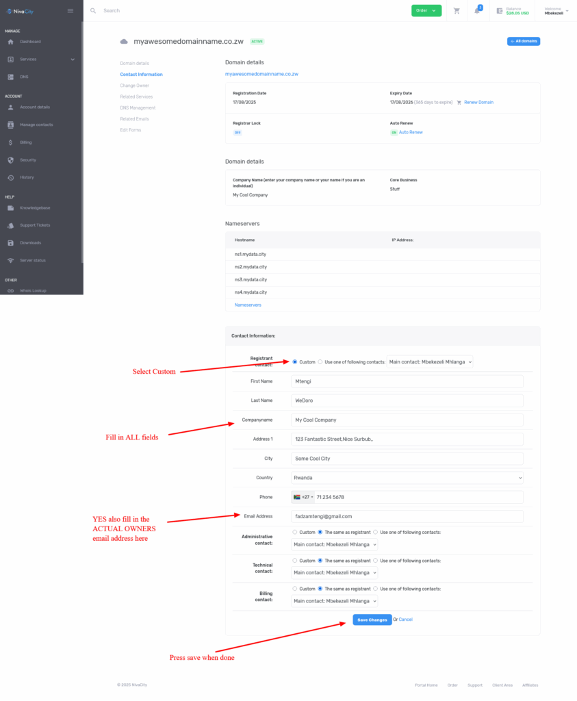 How to update domain customer details - NivaCity
